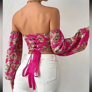 Tops | Boho Green Floral Print Lace Up Back Satin Bustier Corset Tube ...